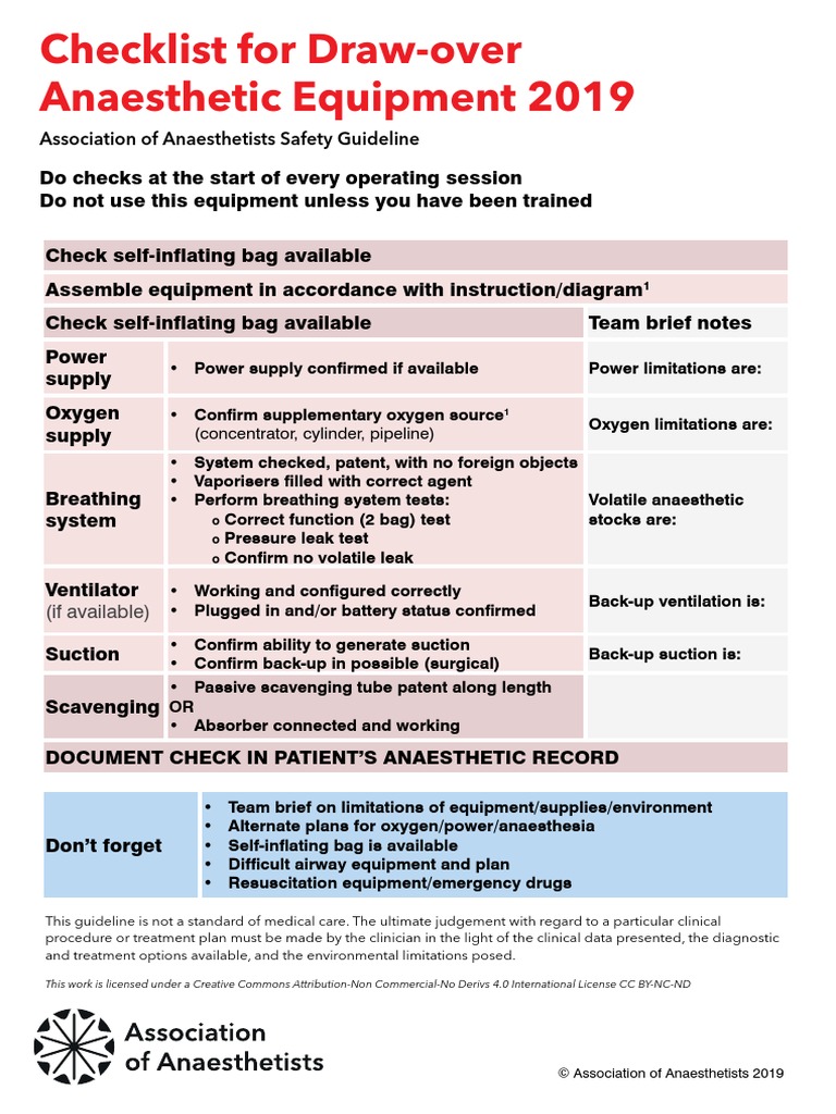 AAGBI19.12 Cheatsheet For Draw Over Anaesthetic Equipment | Download ...