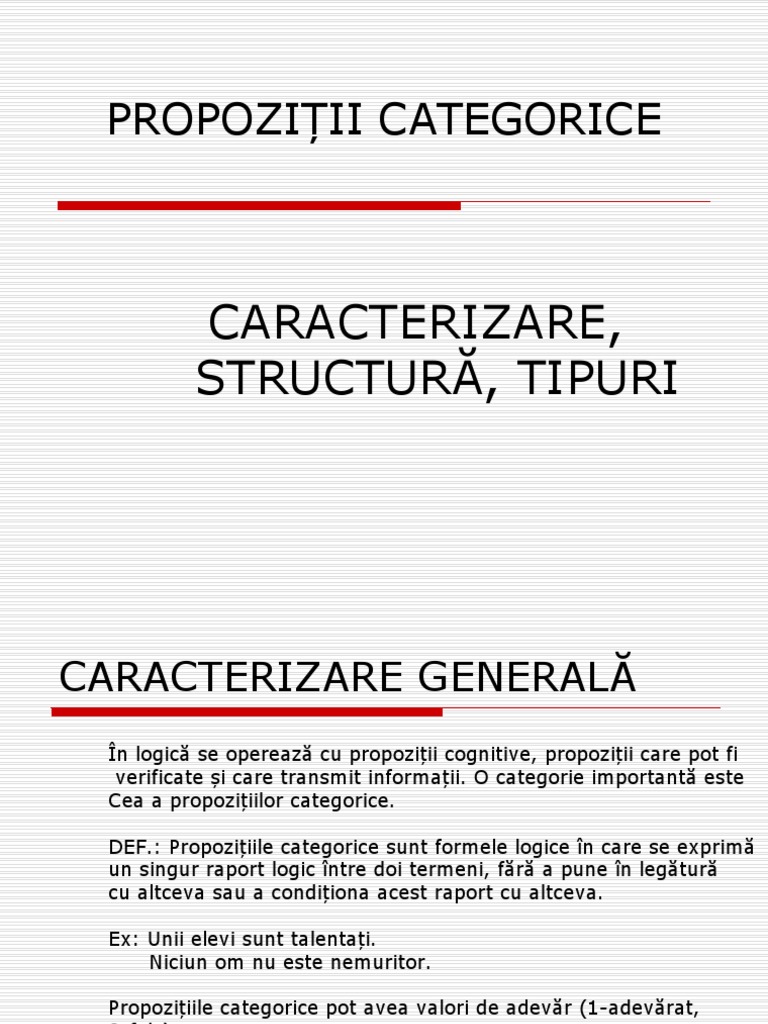 Propozitii Categorice Caracterizare Structura Tipuri | PDF