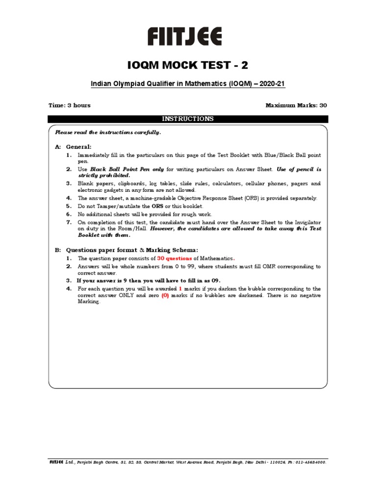 Ioqm Practice Mock Test 2 - Fiitjee | PDF | Equations | Numbers