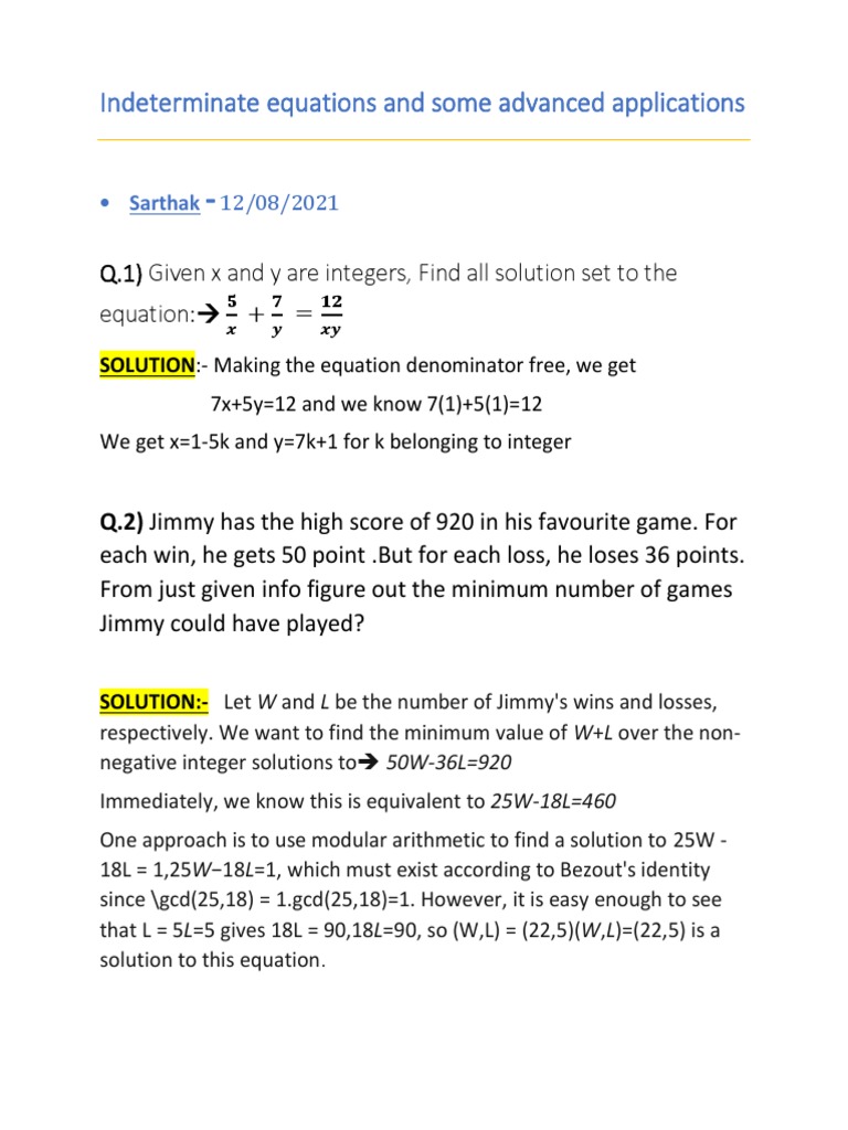 Indeterminate Equations Handout | PDF | Numbers | Abstract Algebra