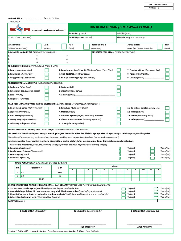 Form Ijin Kerja Dingin (Cold Permit) | PDF