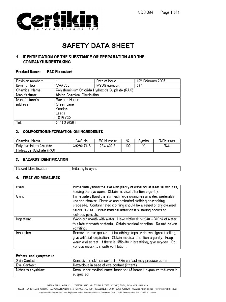 SDS for PAC Flocculant | PDF | Firefighting | Water