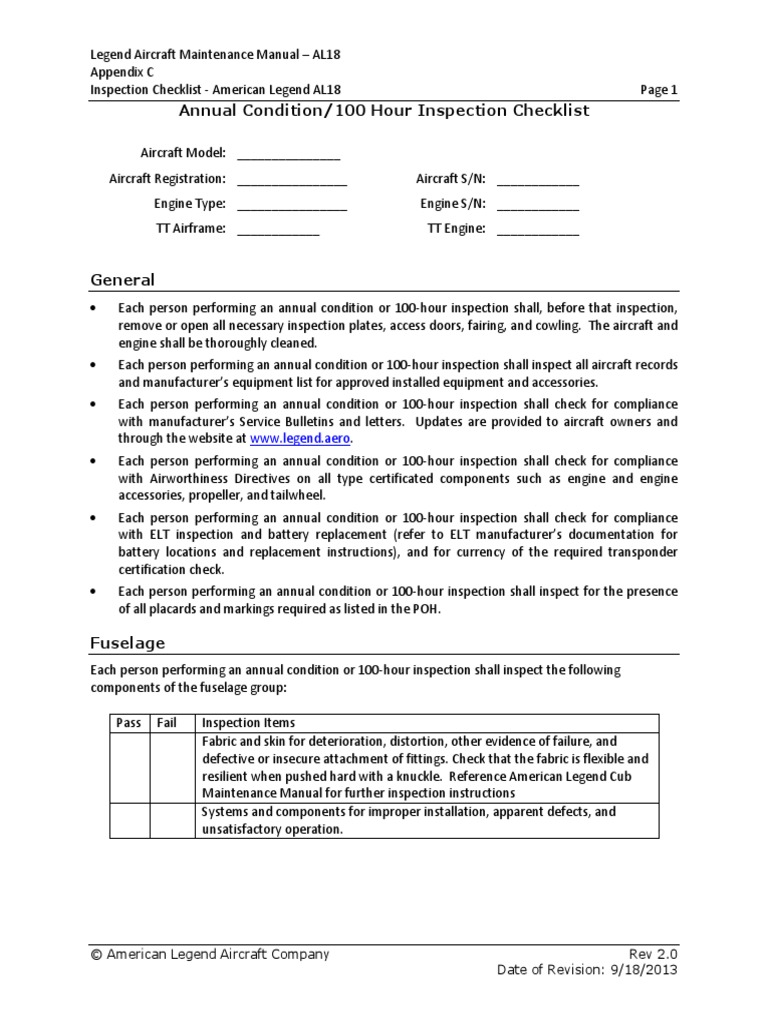 Annual Condition/100 Hour Inspection Checklist: WWW - Legend.aero | PDF ...