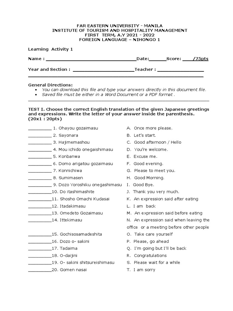 Nihongo 1 Language Activity Guide | PDF | Human Communication ...