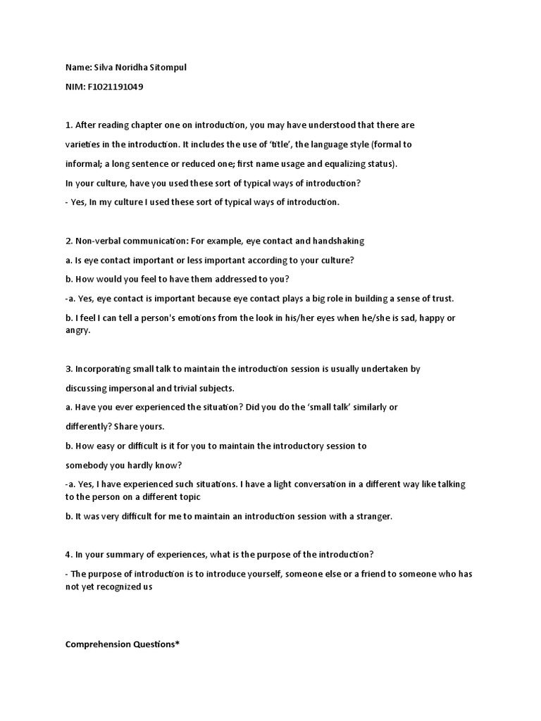 Comprehension Questions | PDF | Nonverbal Communication | Conversation