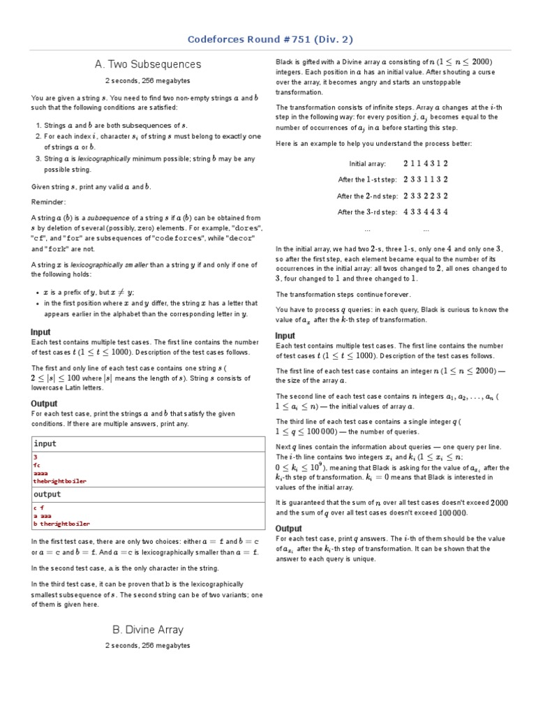 A. Two Subsequences: Codeforces Round #751 (Div. 2) | PDF | String ...