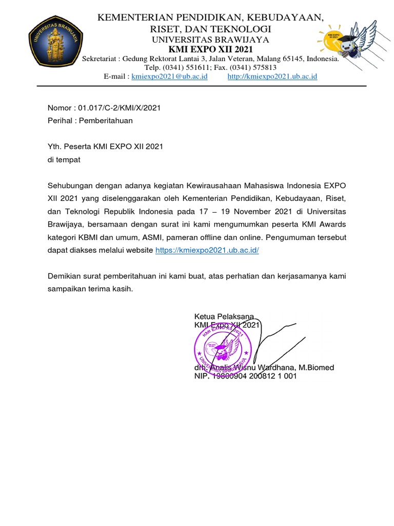 1 Surat Pengumuman Peserta KMI Expo 2021 | PDF