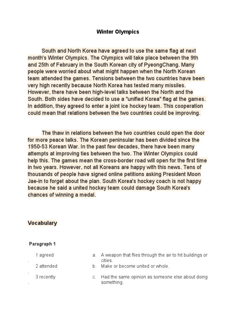 Winter Olympics: Vocabulary | PDF | World Politics | South Korea