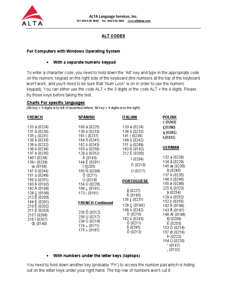 ALT Codes for Accented Characters | PDF | Writing | Input/Output