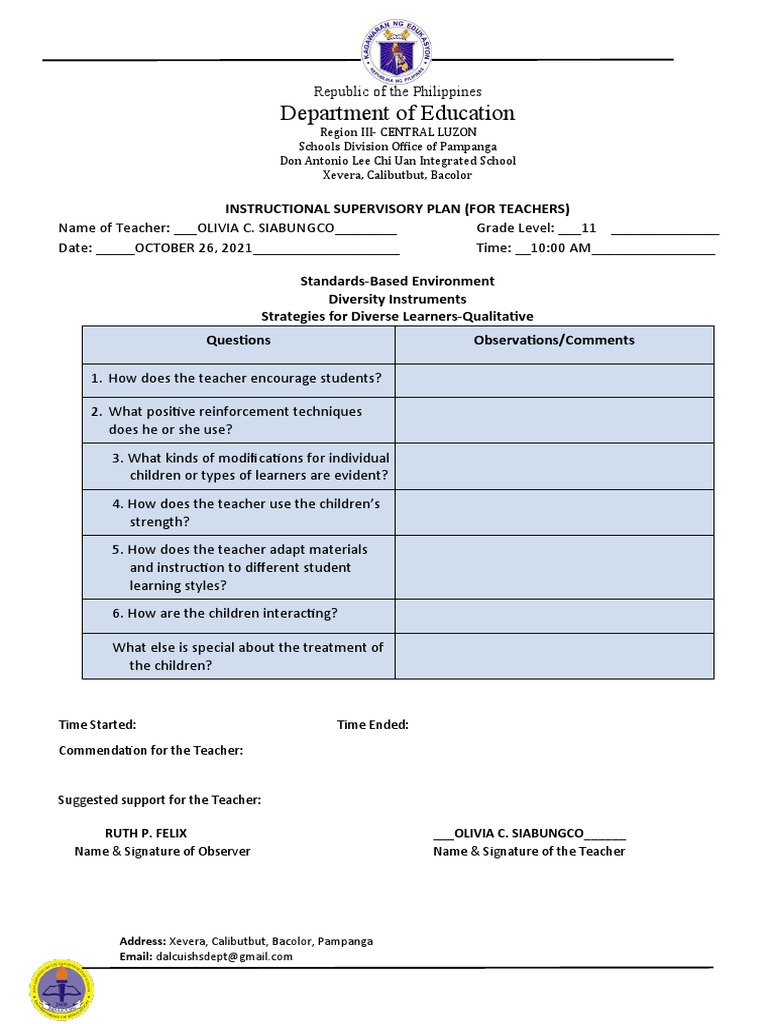 Department of Education: Instructional Supervisory Plan (For Teachers ...
