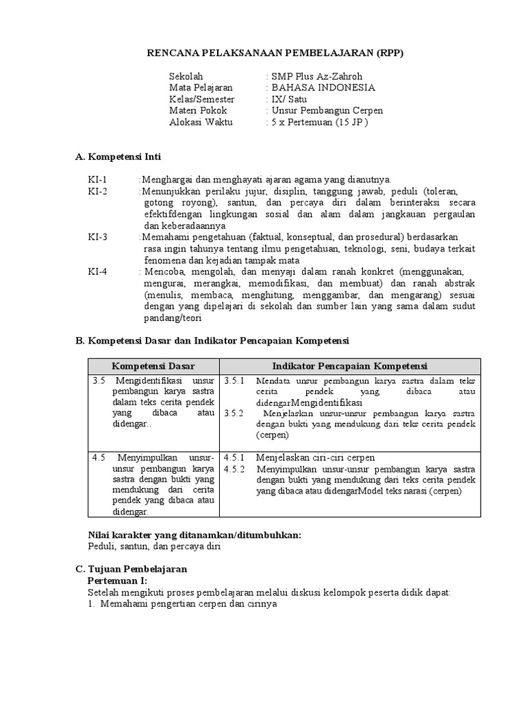 RPP Cerita Pendek KD 3.5 Dan 4.5 | PDF