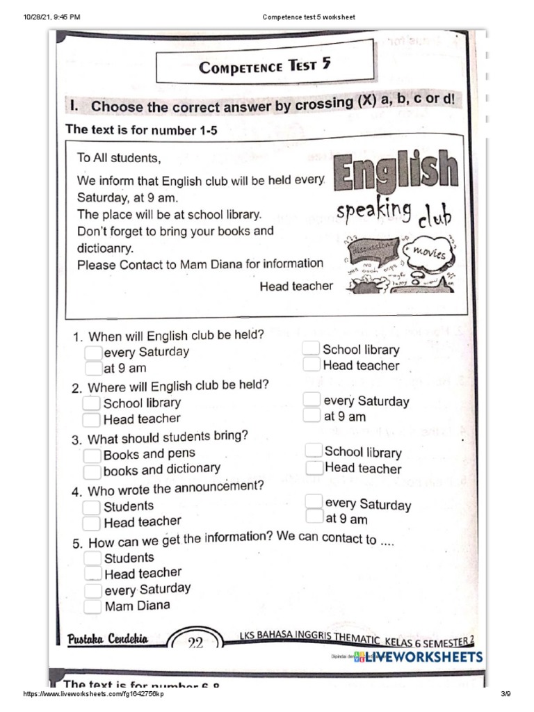 English Competence Test Worksheet | PDF