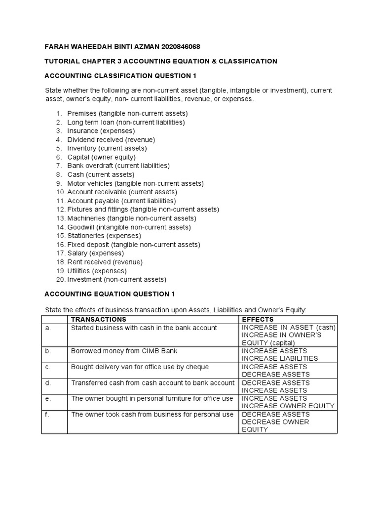 Tutorial Chapter 3 Accounting Equation - Q | PDF | Equity (Finance ...
