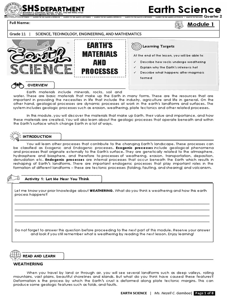 Earth'S Materials AND Processes: Grade 11 - Science, Technology ...