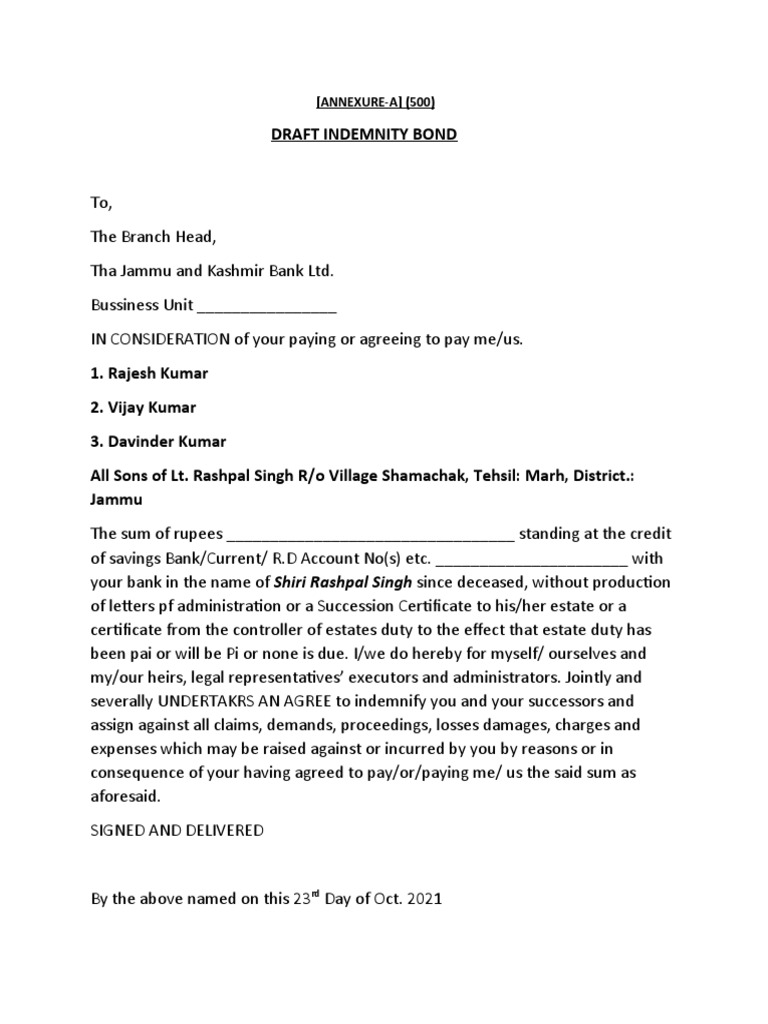 Draft Indemnity Bond: (ANNEXURE-A) | PDF | Indemnity | Government