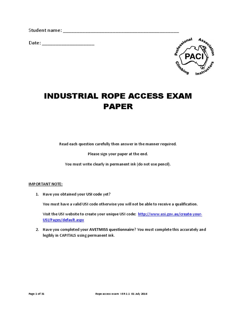 Industrial Rope Access Exam Paper: Student Name: - Date | PDF | Knot | Risk