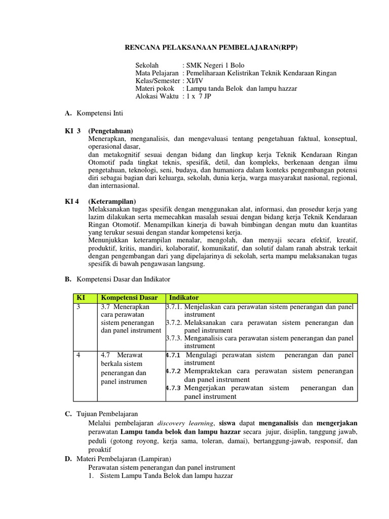 RPP Sistem Penerangan Dan Panel Instrument | PDF
