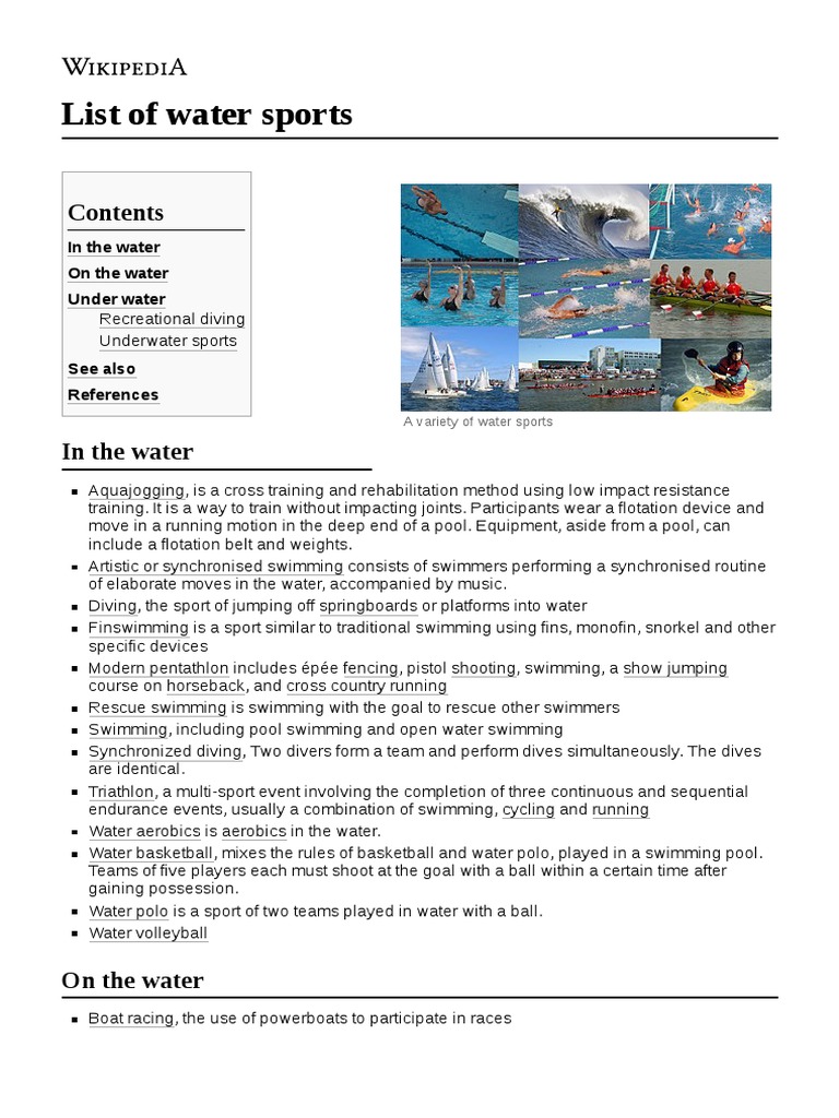 List of Water Sports: in The Water On The Water Under Water | PDF ...