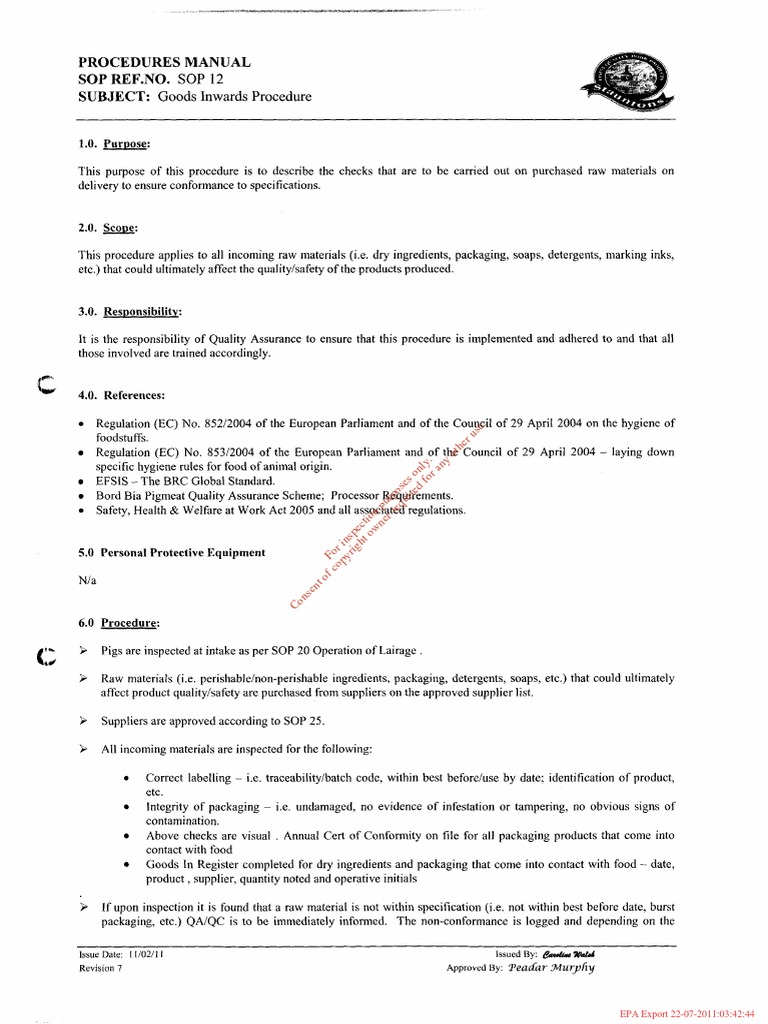 Procedures Manual Sop Ref - No. Sop 12 SUBJECT: Goods Inwards Procedure ...
