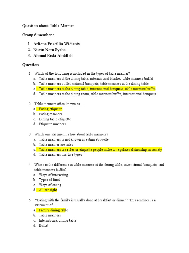 Question About Table Manner | PDF | Restaurants | Tableware
