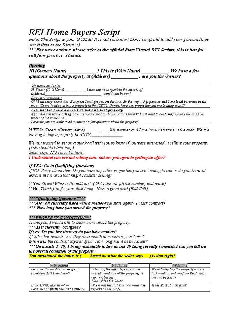 REI Script - Call Flow Practice Updated 2 | PDF | Leasehold Estate ...