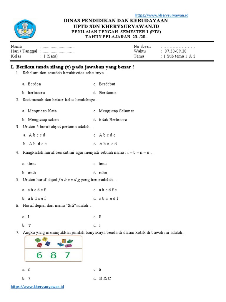 Soal PTS Kelas 1 Tema 1 Sub 1&2 - (WWW - Kherysuryawan.id) | PDF