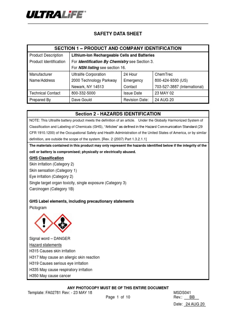 Safety Data Sheet - Product and Company Identification: Lithium-Ion ...