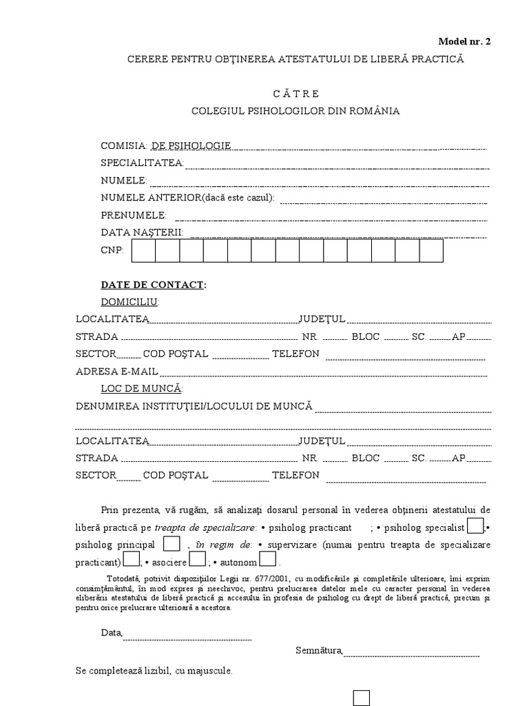 Model - 2 - Cerere Tip Obtinere Atestat de Libera Practica | PDF
