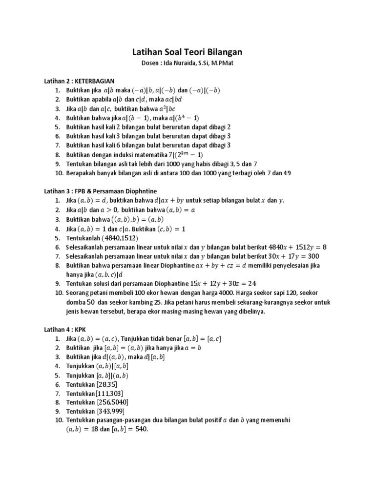 Latihan Soal Teori Bilangan (Keterbagian, FPB, KPK) | PDF