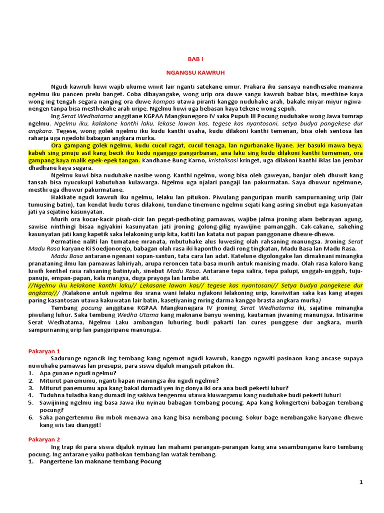 Bab 1 Xi SMT GSL - Teks Serat Wedhatama Pupuh Pocung | PDF