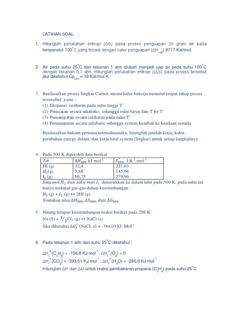 Latihan Soal Termodinamika dan Kesetimbangan | PDF