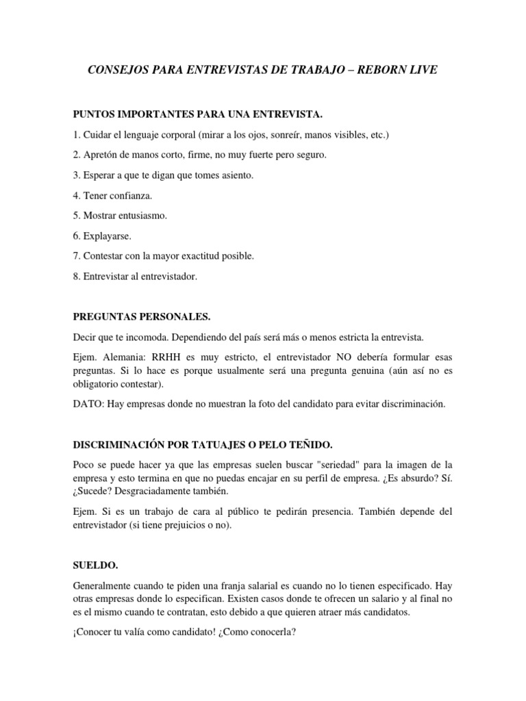 Consejos para Entrevistas en Reborn Live | PDF