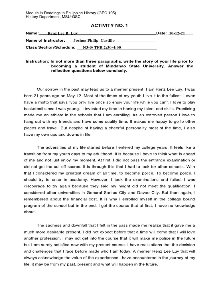 Activity No. 1: Module in Readings in Philippine History (GEC 105) History Department, MSU-GSC ...