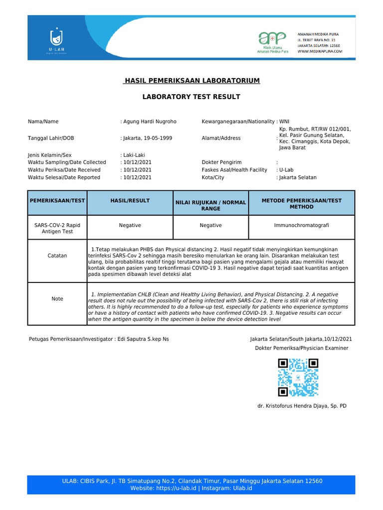 Hasil Pemeriksaan Laboratorium Laboratory Test Result | PDF