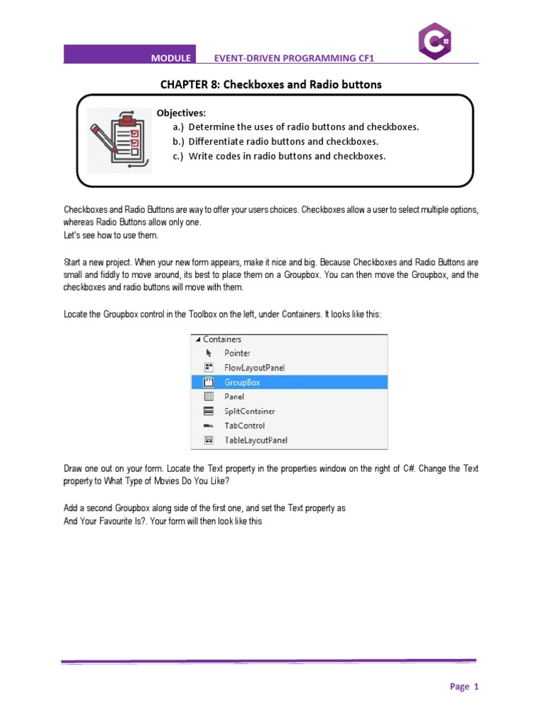 CHAPTER 8: Checkboxes and Radio Buttons: Objectives | PDF | Computer ...