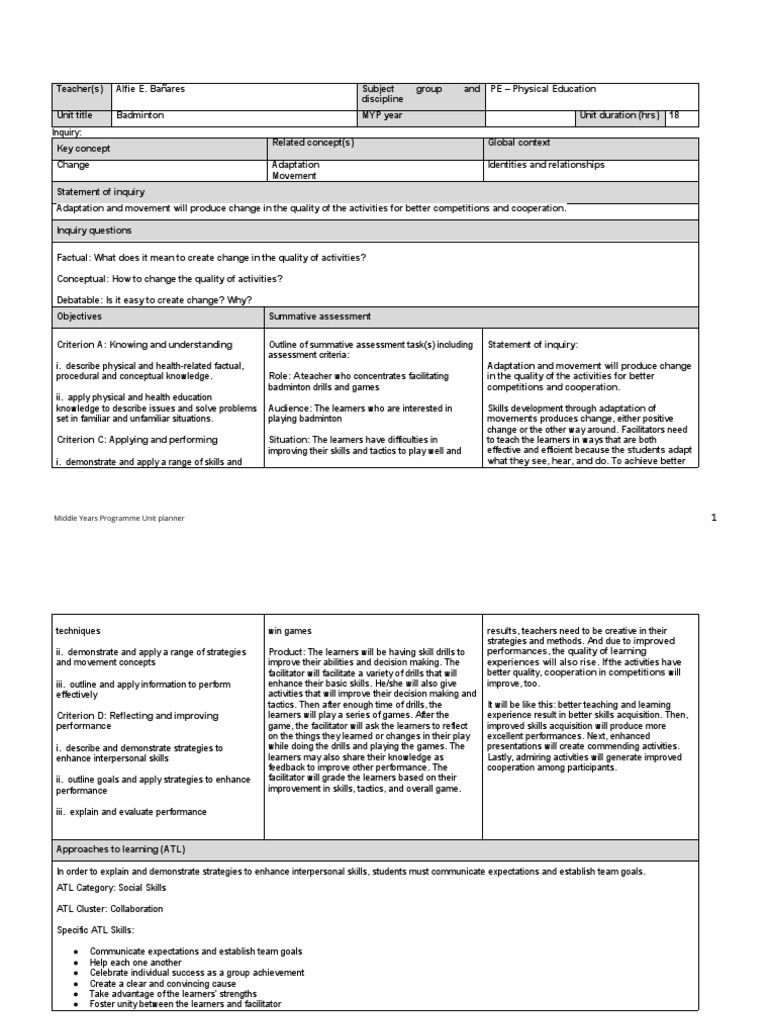 Middle Years Programme Unit Planner | PDF | Learning | Educational ...