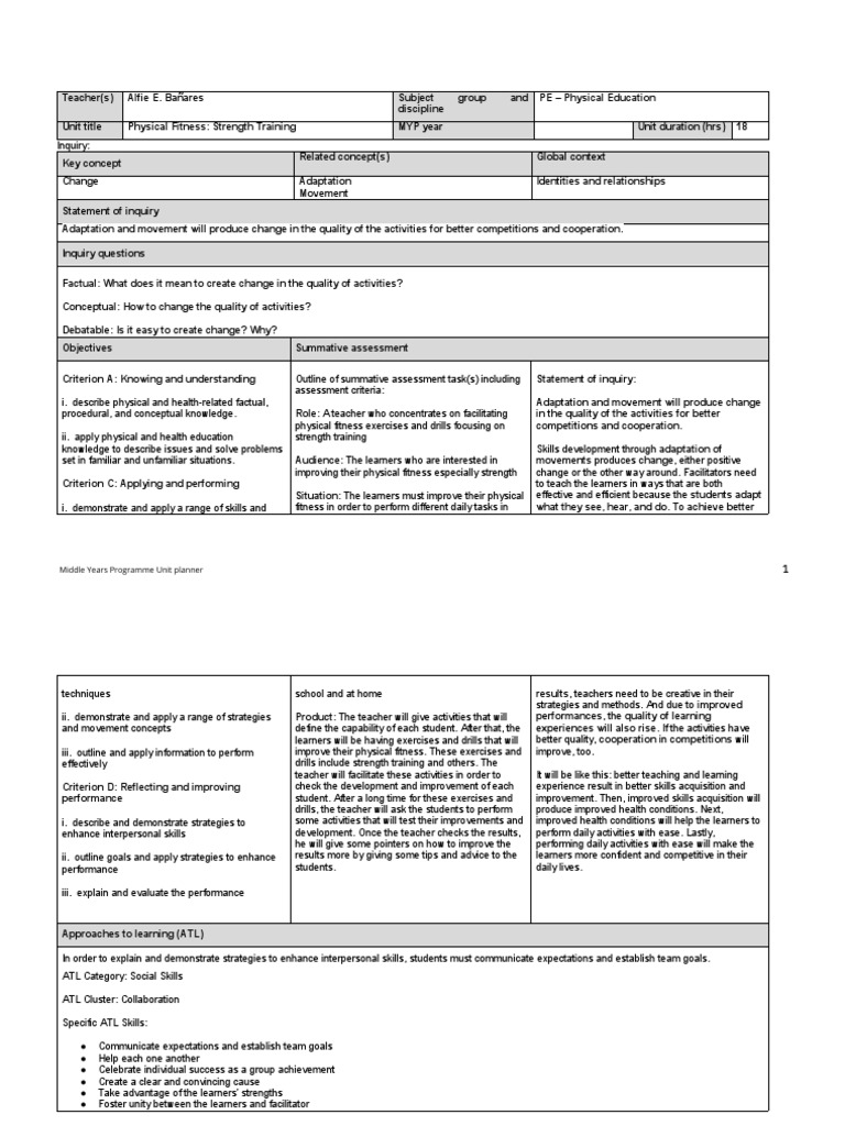 MYP Unit 1 - Physical Fitness - Strength Training | PDF | Learning ...