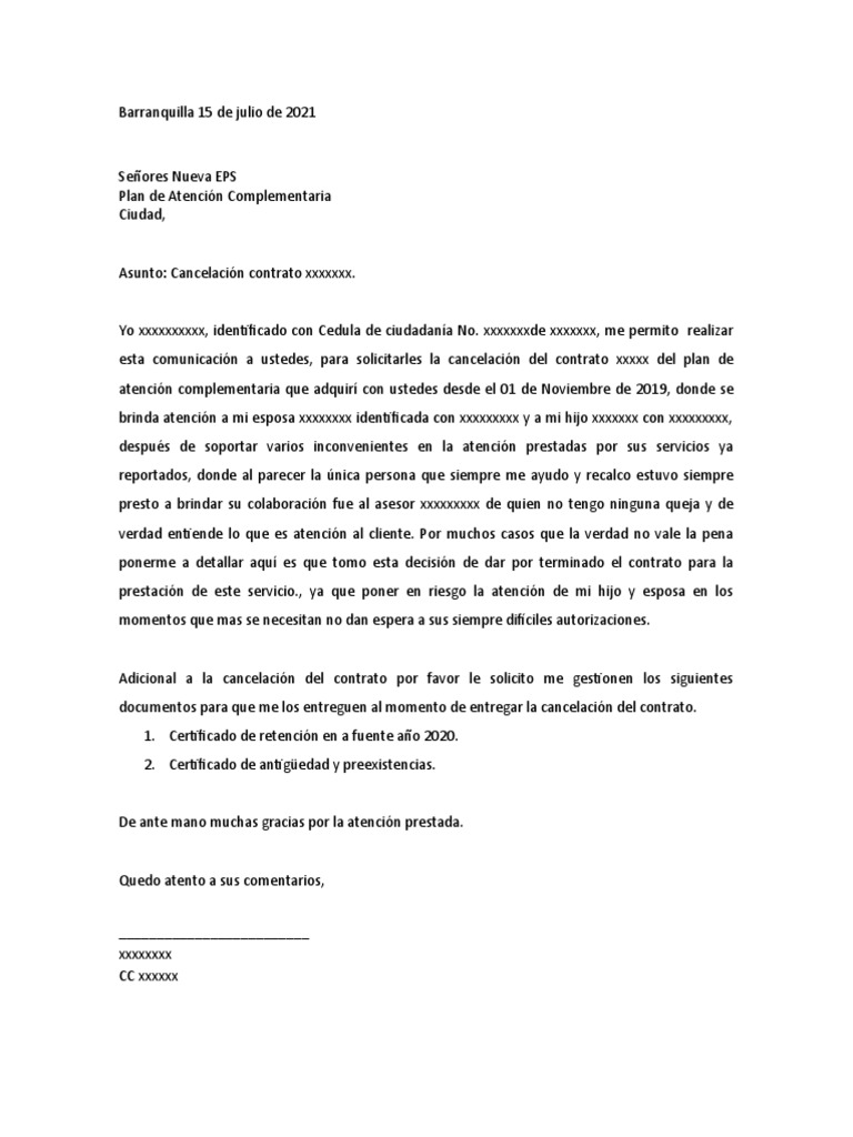 Cancelacion de Contrato Plan Complementario | PDF | Derecho