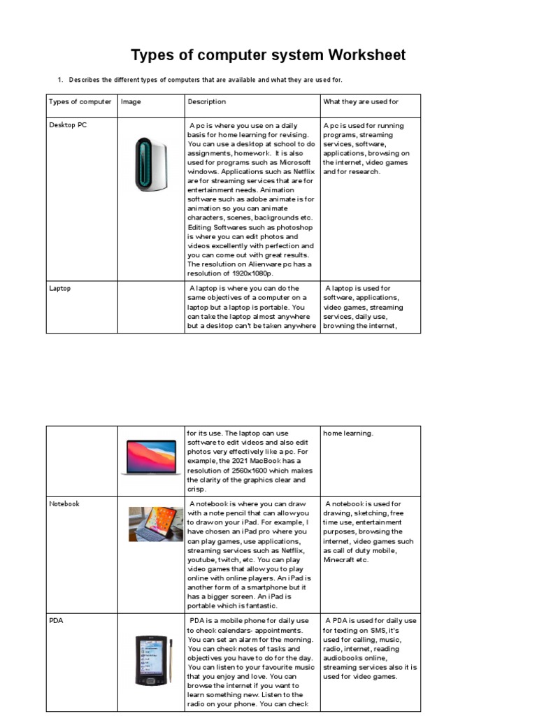 Types of Computer Systems Worksheet | PDF | Laptop | Personal Computers