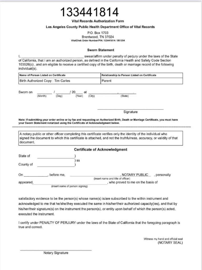 Vital Records Authorization Form | PDF