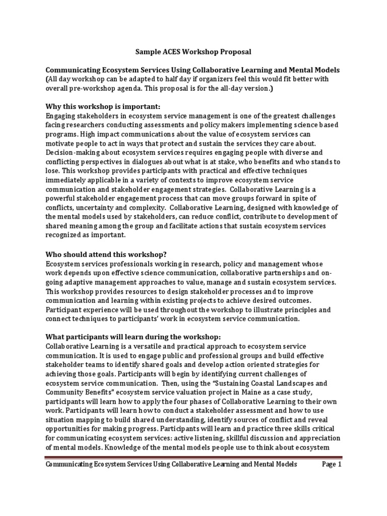 Sample ACES Workshop Proposal Communicating Ecosystem Services Using ...