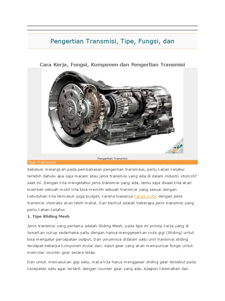 Pengertian dan Fungsi Transmisi Mobil | PDF