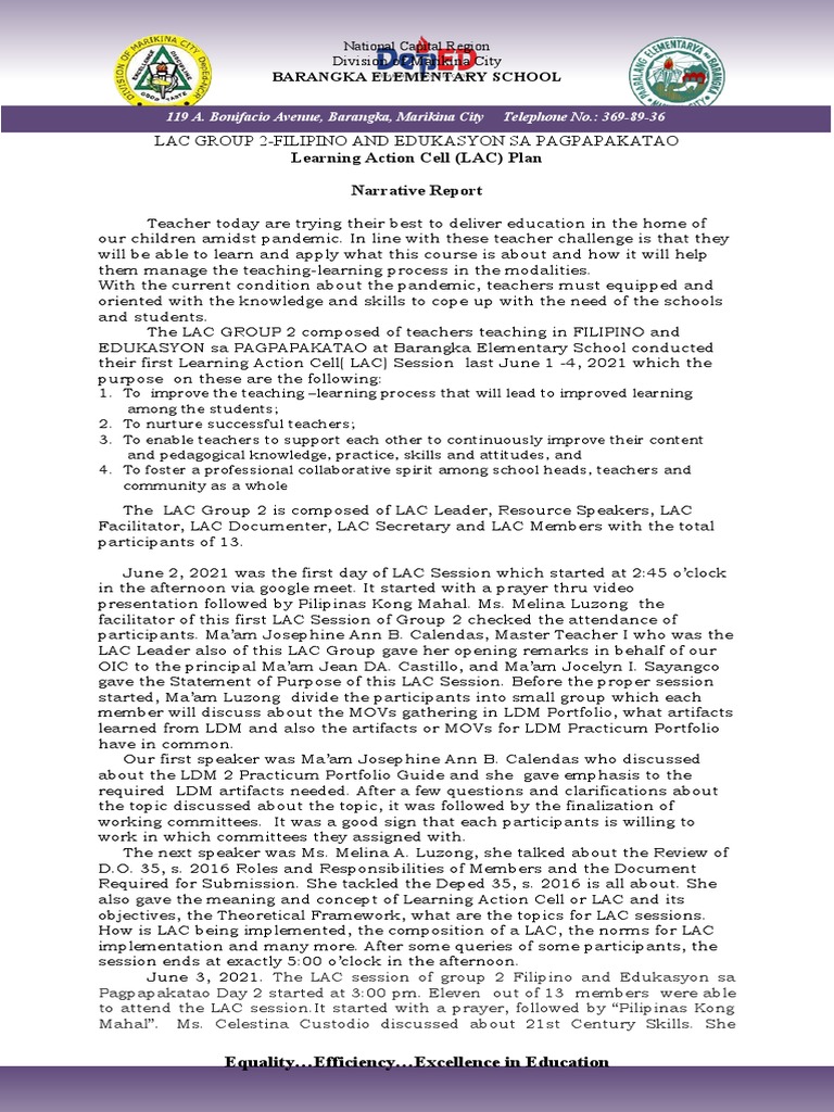 Lac Group 2 Narrative Report | PDF | Teachers | Learning