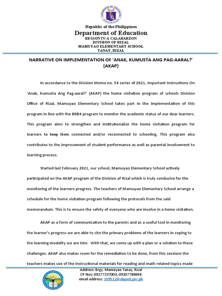 Narrative On Implementation of Akap | PDF | Learning | Educational ...