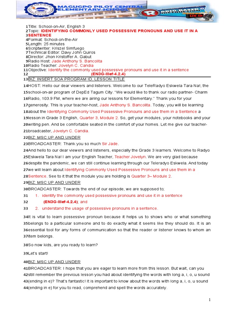 Using Possessive Pronouns in Sentences | PDF | Linguistic Typology | Syntax