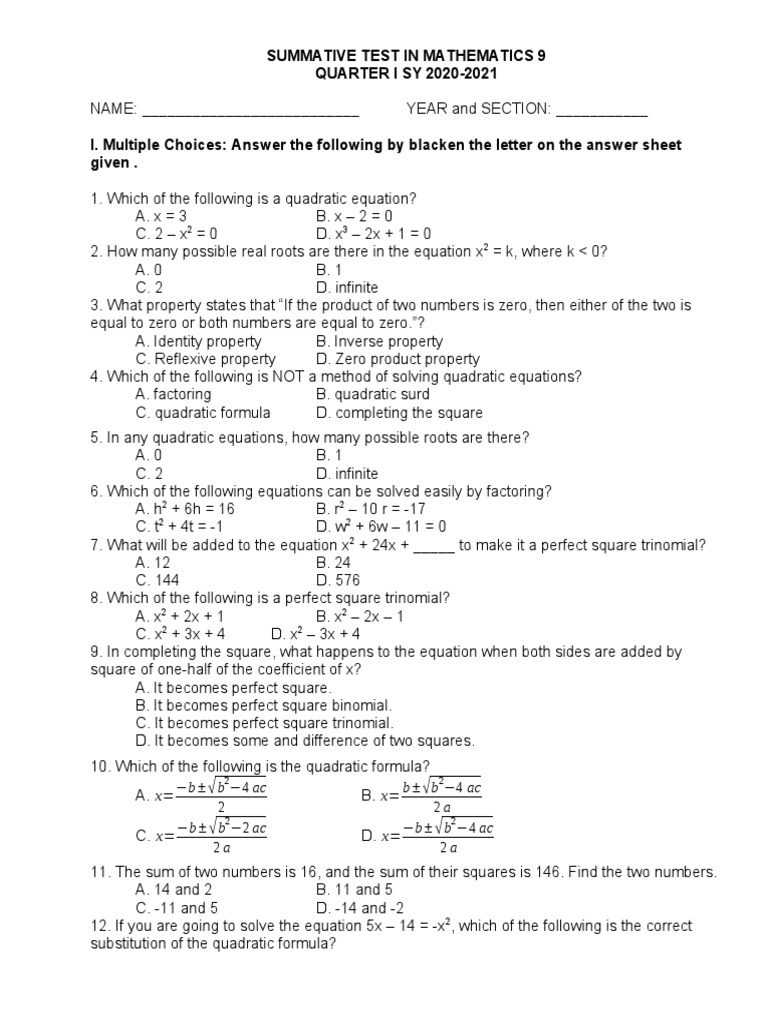 Summative Test in Mathematics 9 | PDF | Quadratic Equation | Equations