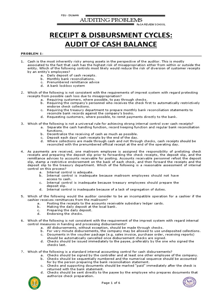 Audit Problems: Cash Receipt & Disbursement | PDF | Cheque | Banks