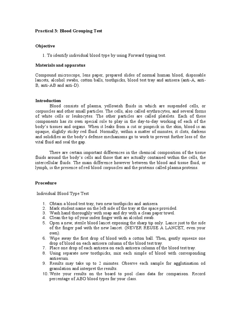 Practical 3: Blood Grouping Test Objective | PDF | Blood Type | Histology