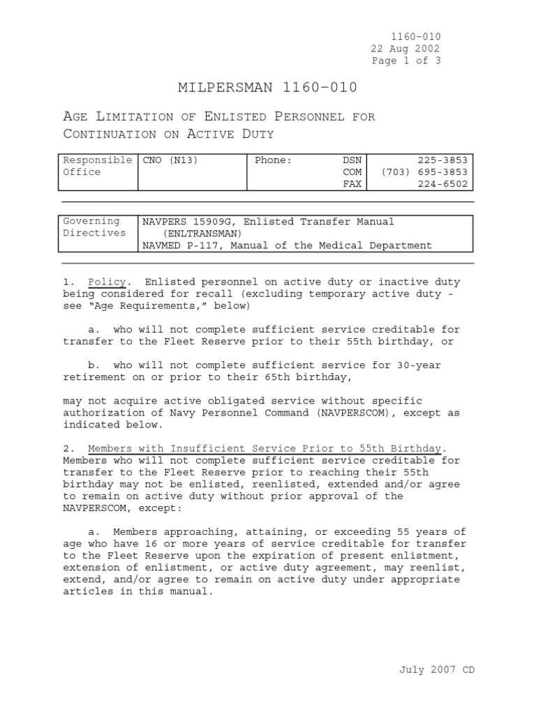 Milpersman 1160 - Re Enlistments and Extensions | Military Service ...