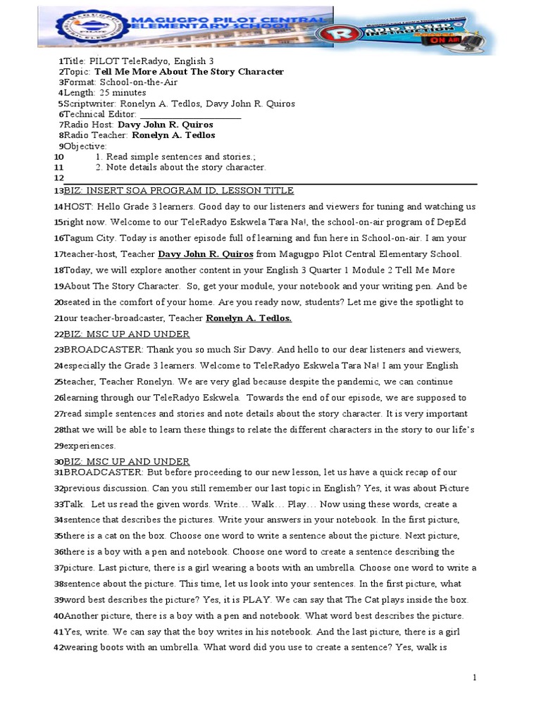 TeleRadyo English Lesson on Story Characters | PDF